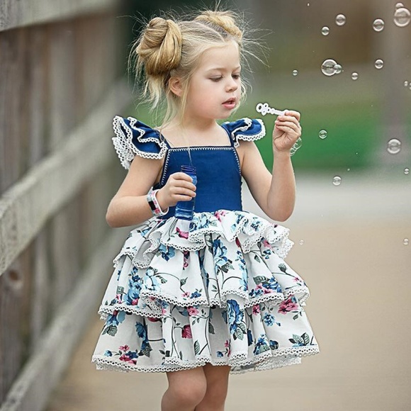 Dresses | Girls Denim Top Ruffle Layered Floral Dress | Poshmark